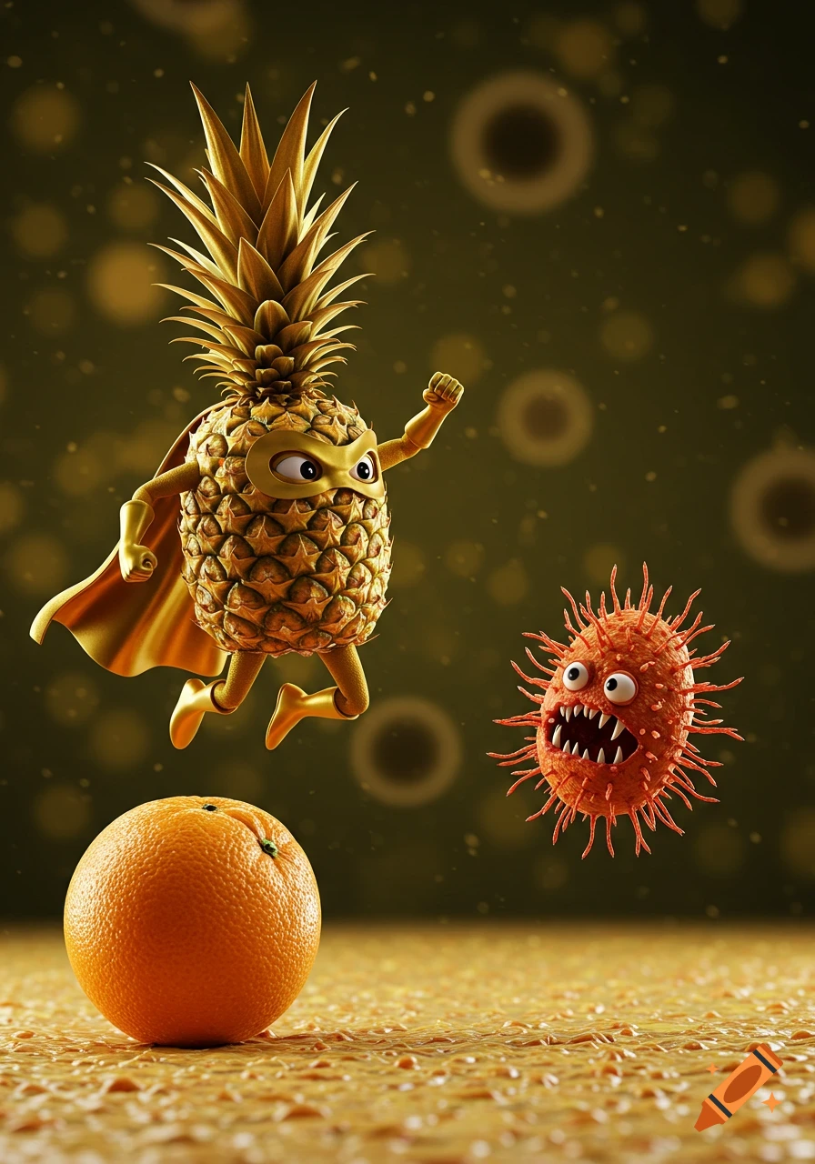 3D render of a superhero pineapple fighting a germ next to an orange on ...