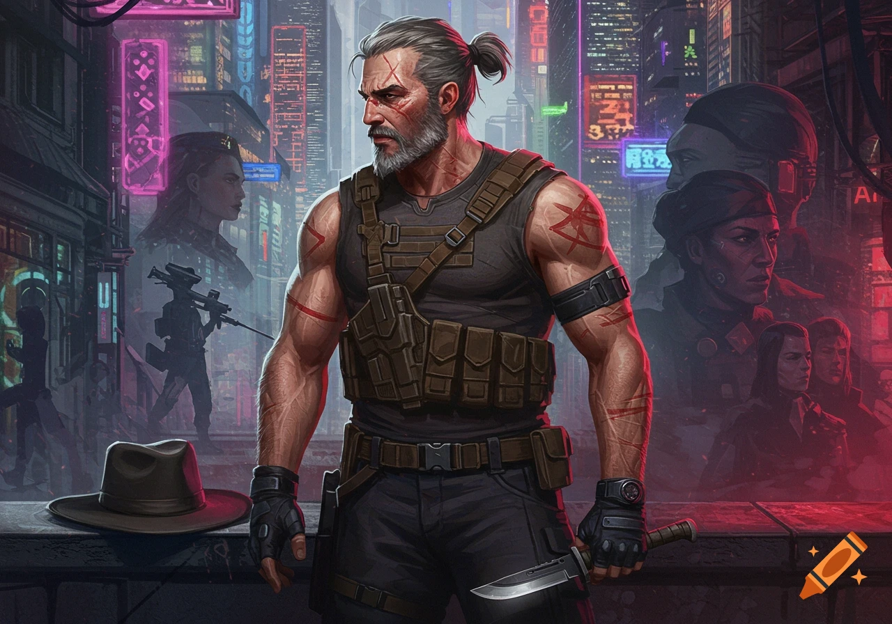 A rugged man with a ponytail and scars stands in a neon-lit cyberpunk ...
