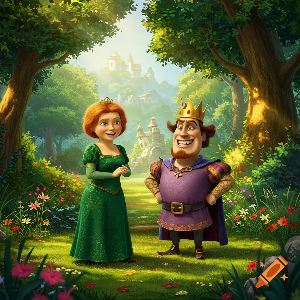 Animated image of Fiona and Lord Farquaad standing in a sunny forest ...