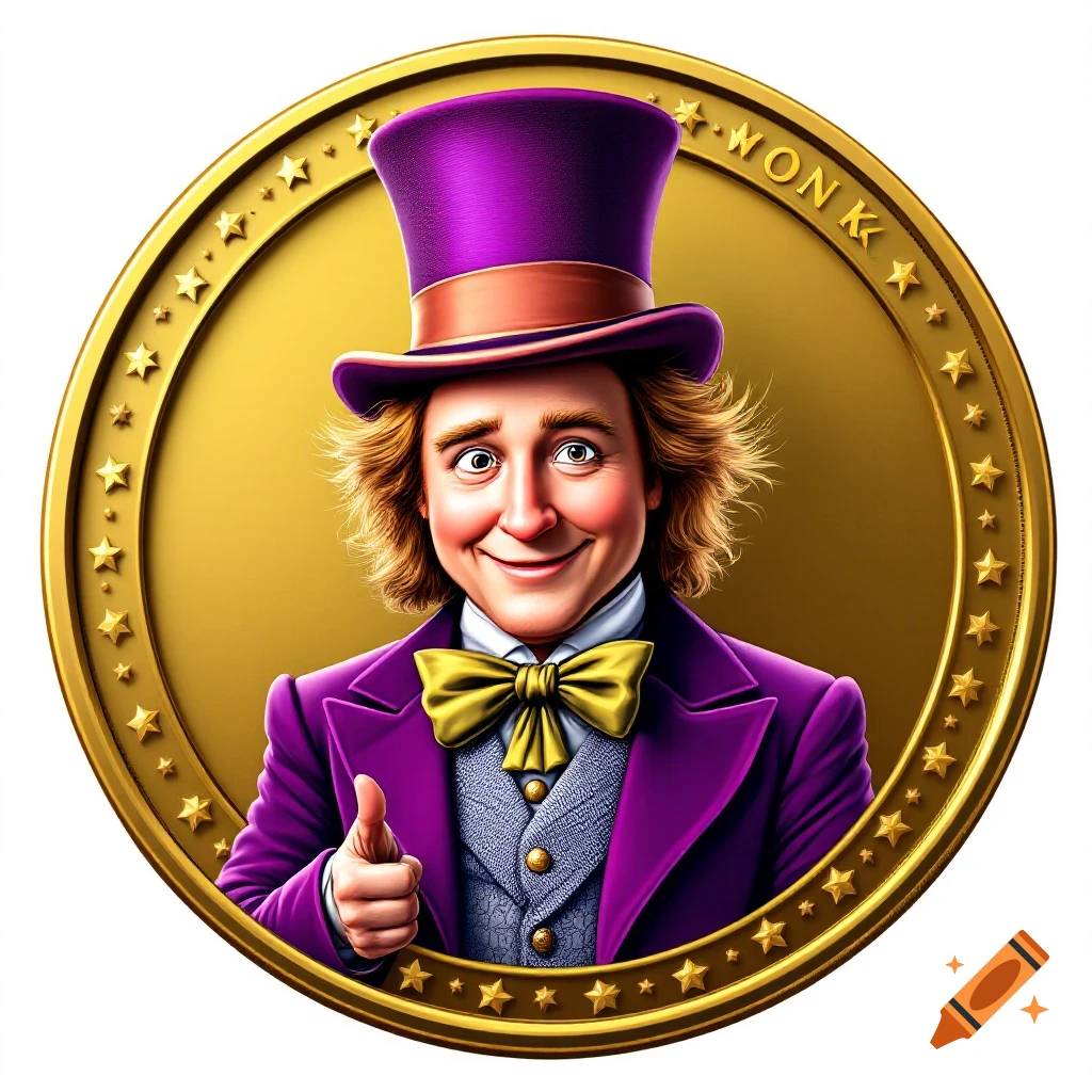Cartoon illustration of Willy Wonka on a gold coin icon giving a thumbs ...
