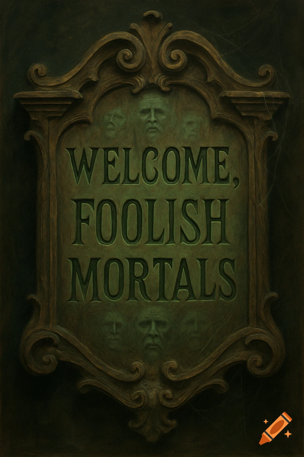 Ornate sign reading 'Welcome, Foolish Mortals' with spectral faces in a gothic haunted style. on ...