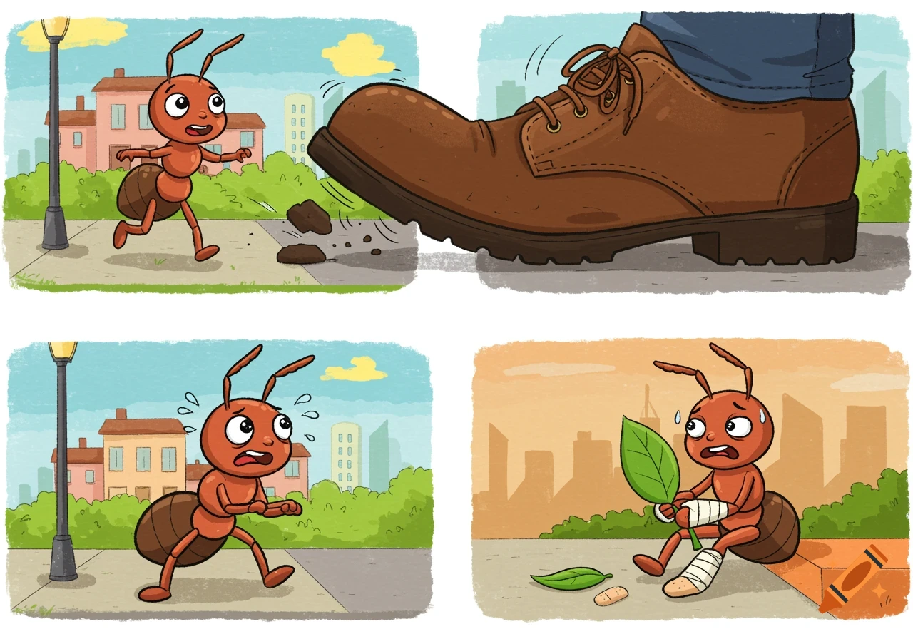 A four-panel cartoon story shows a happy ant, then getting stepped on ...
