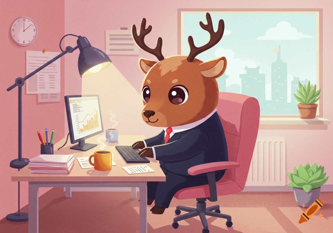 Cute caribou character working at an office desk with a computer and ...