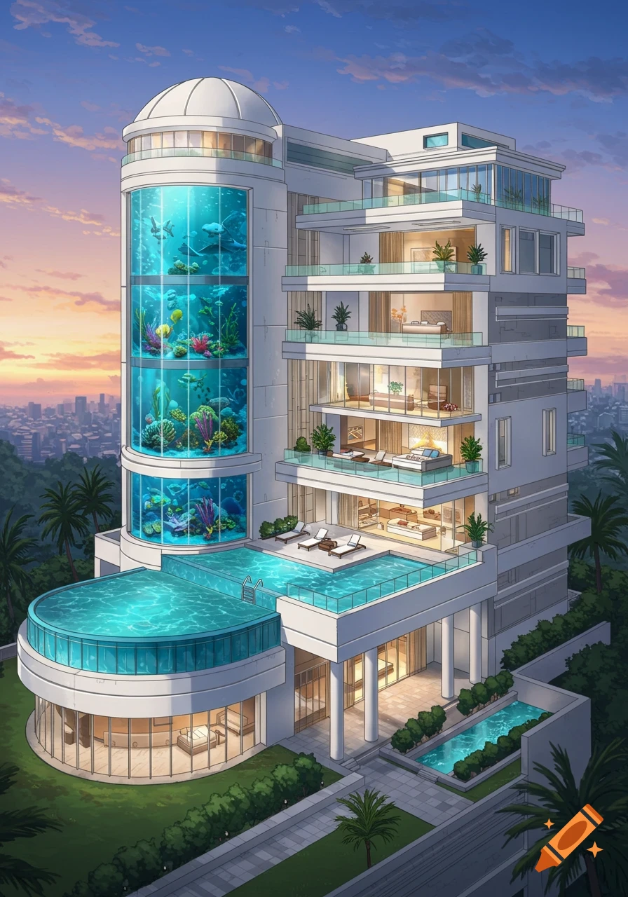 A modern mansion building featuring a multi-story cylindrical aquarium ...