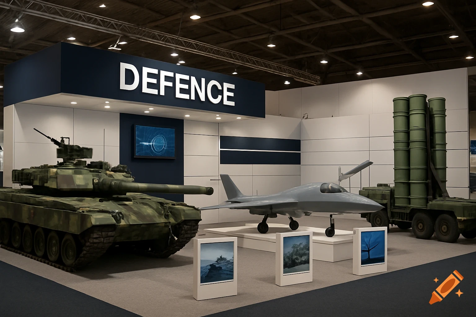Trade show booth display featuring a tank, jet model, and missile ...