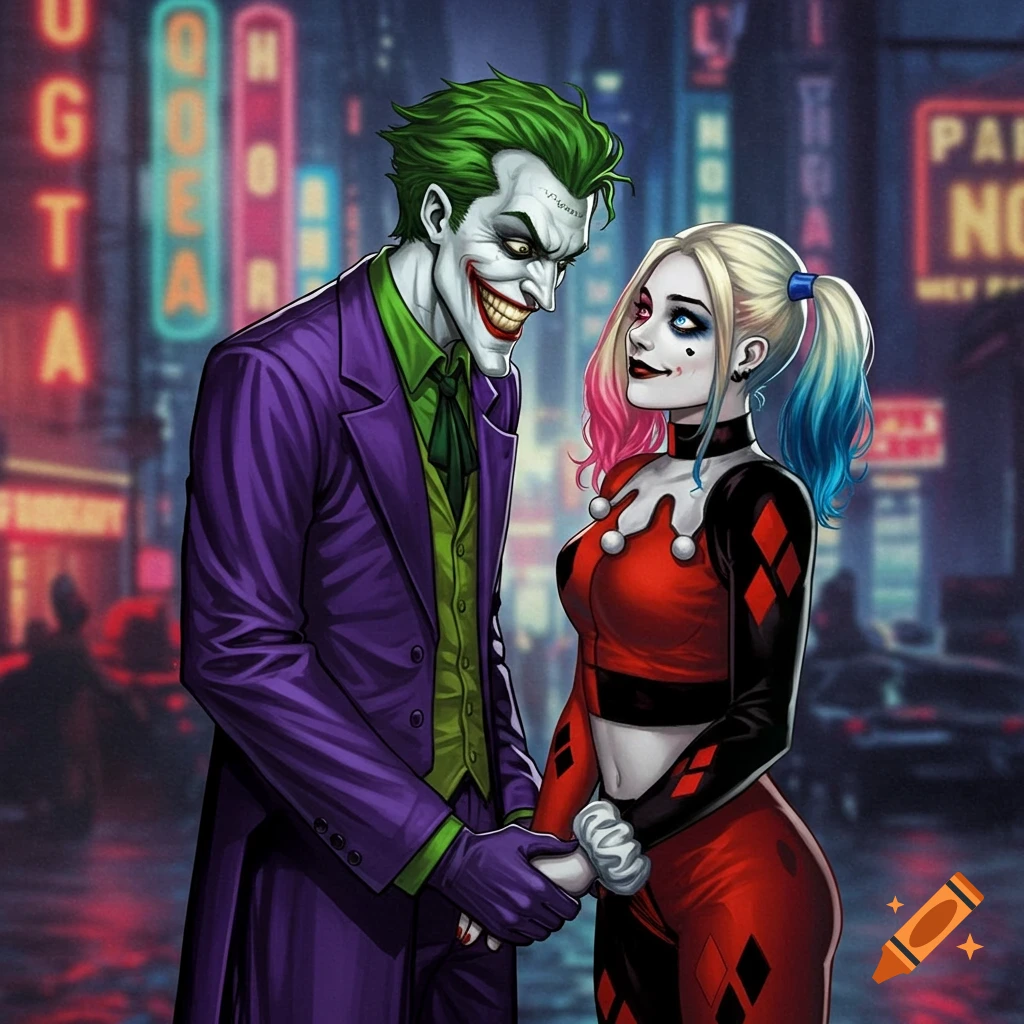 Comic art illustration of The Joker and Harley Quinn holding hands on a ...