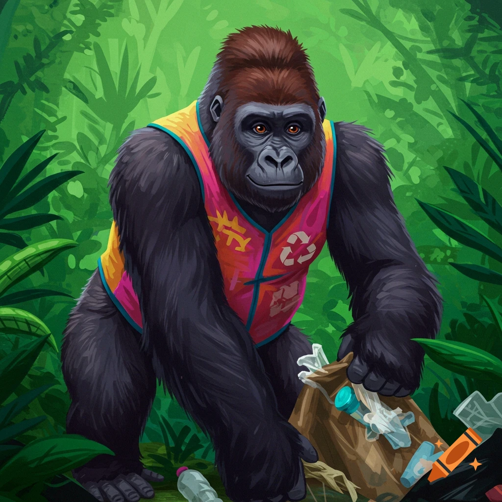 Illustration of a gorilla in a vest cleaning up trash in a jungle. on Craiyon