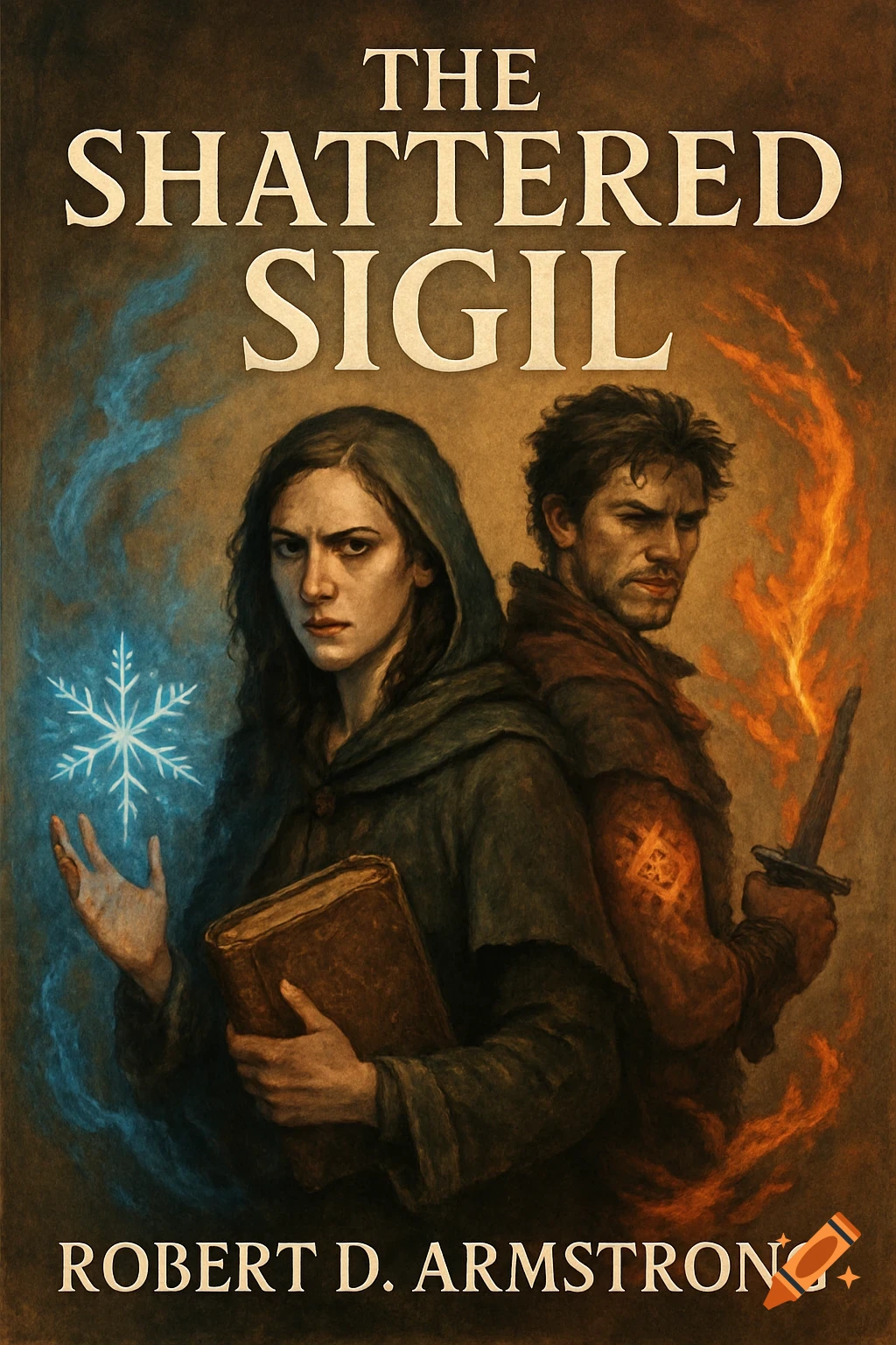 Fantasy book cover with woman using ice magic and man with fire magic ...