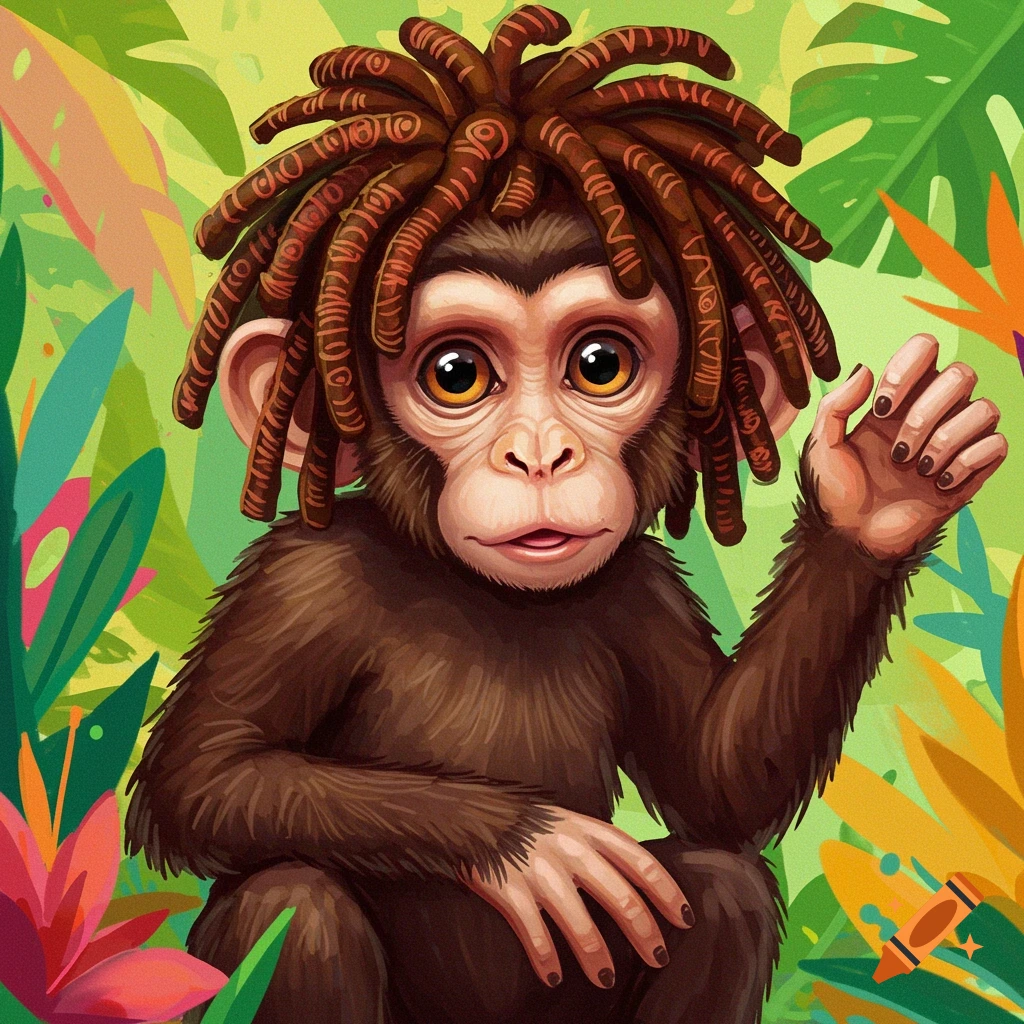 Cartoon baby monkey with dreadlocks in a jungle setting. on Craiyon