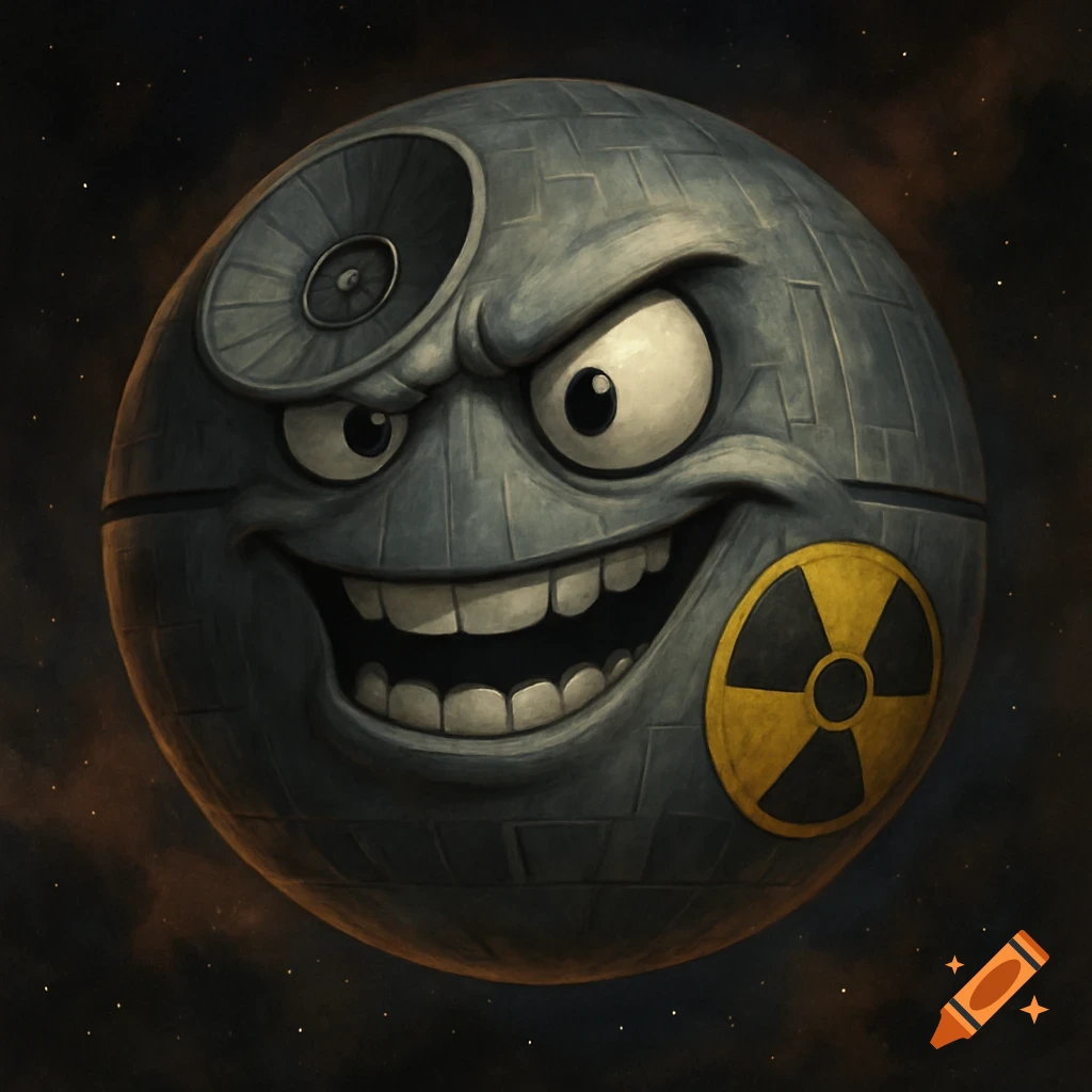Cartoon Death Star with evil face and nuclear symbol floating in space ...