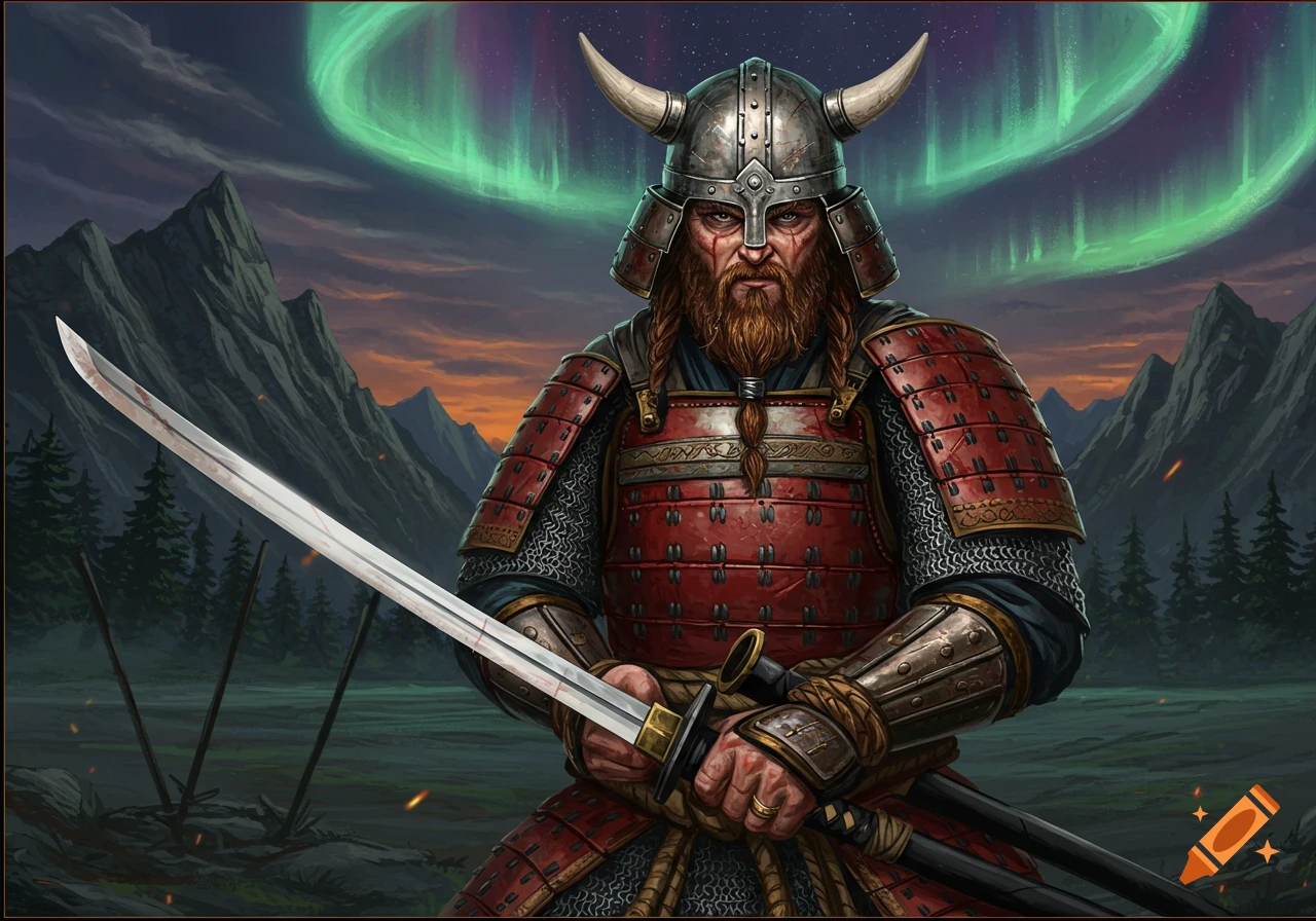 Viking samurai warrior in armor holding a sword under the aurora ...