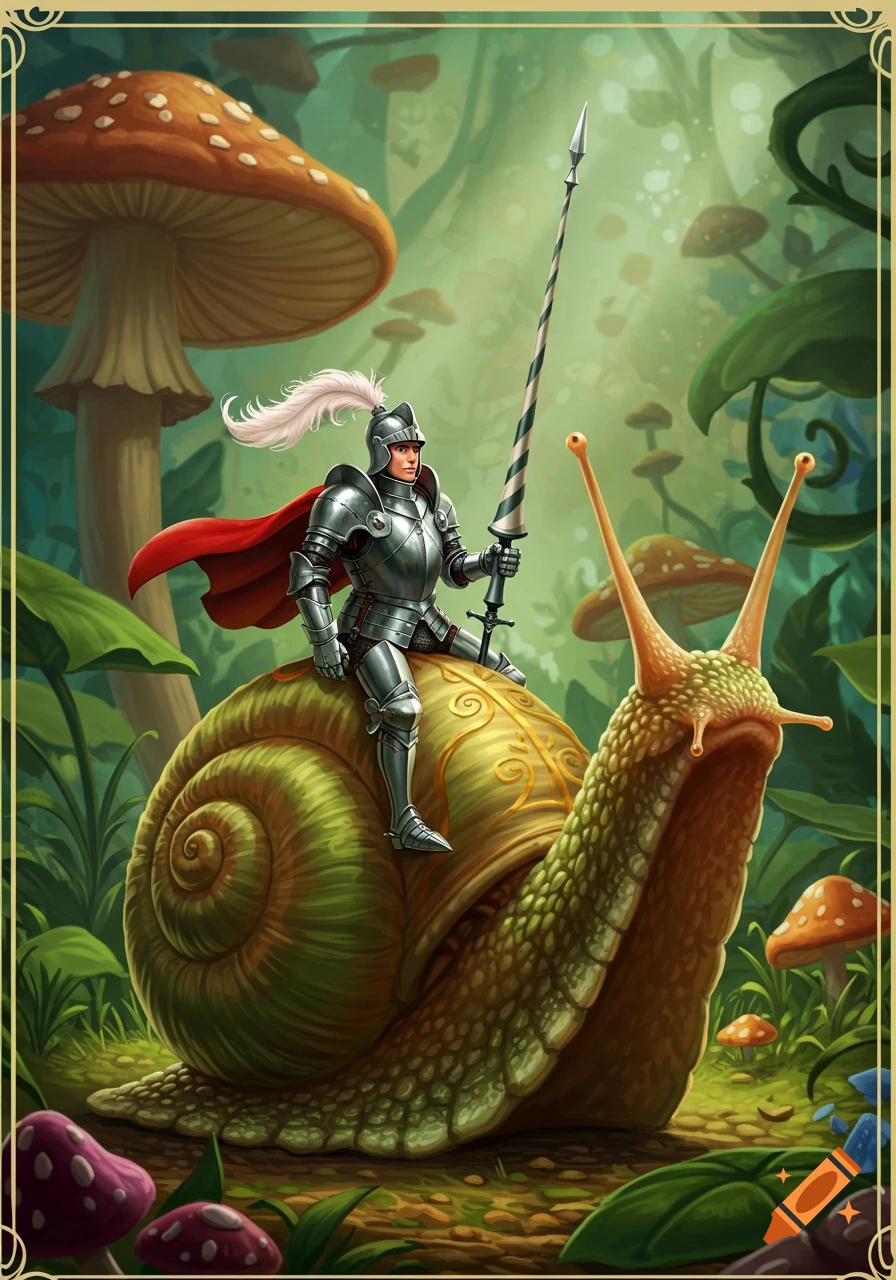 A knight in full plate armor rides a giant snail through a fantastical ...