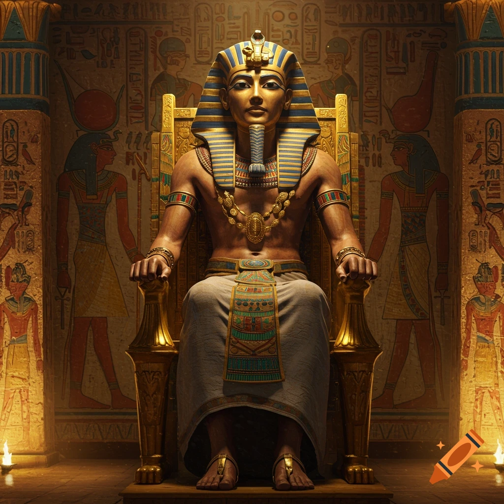 A photorealistic image of an ancient Egyptian pharaoh sitting on a golden throne. on Craiyon