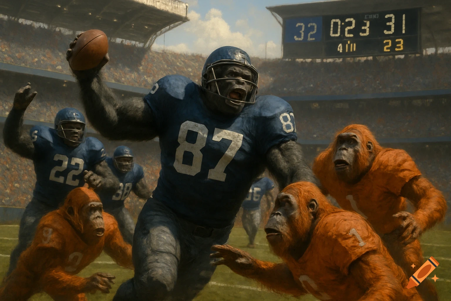 Gorillas and orangutans play American football in a stadium. on Craiyon