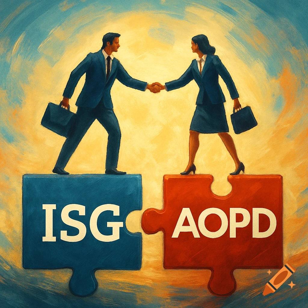Two business figures shake hands on puzzle pieces labeled ISG and AOPD ...