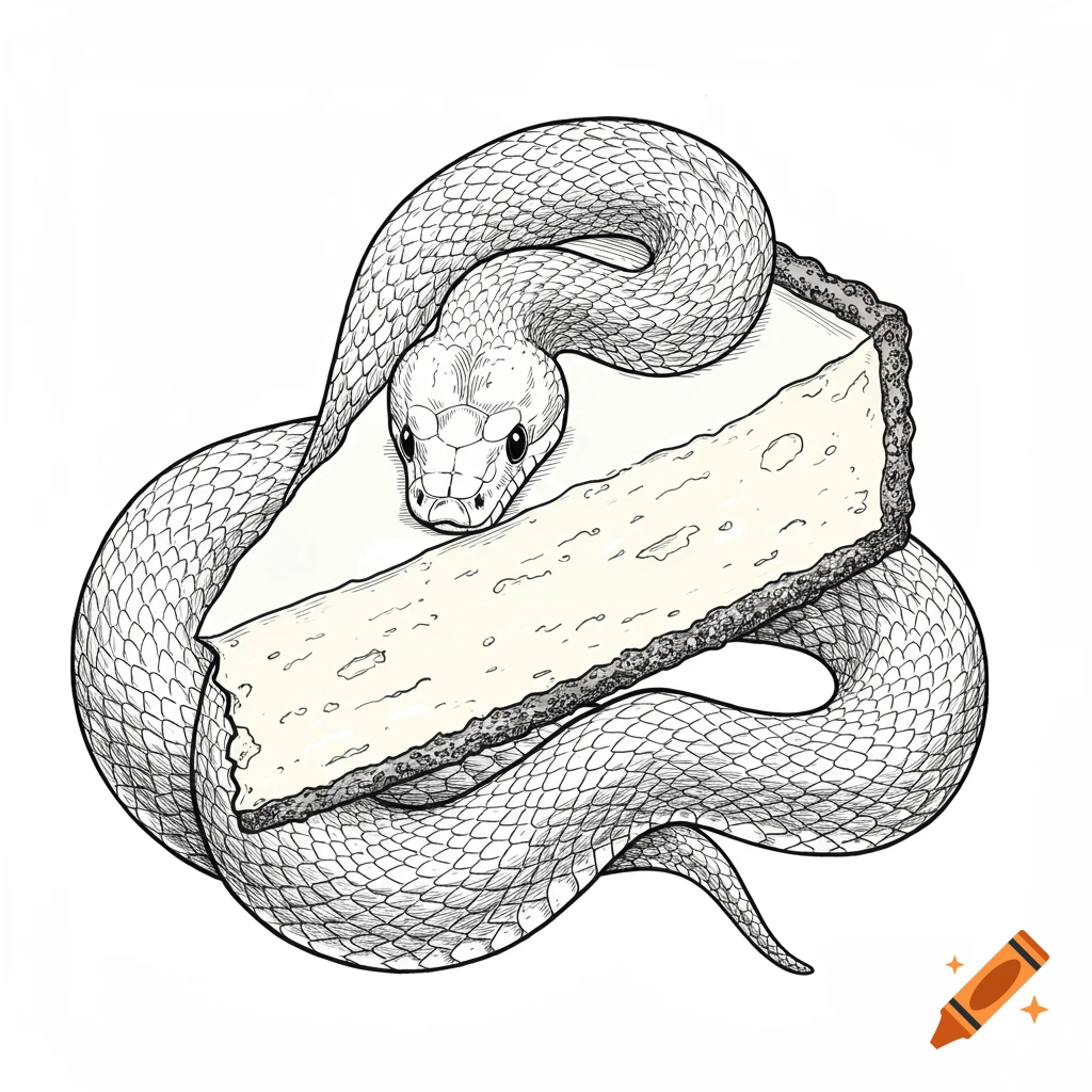 A black and white line drawing of a white snake coiled around a slice ...