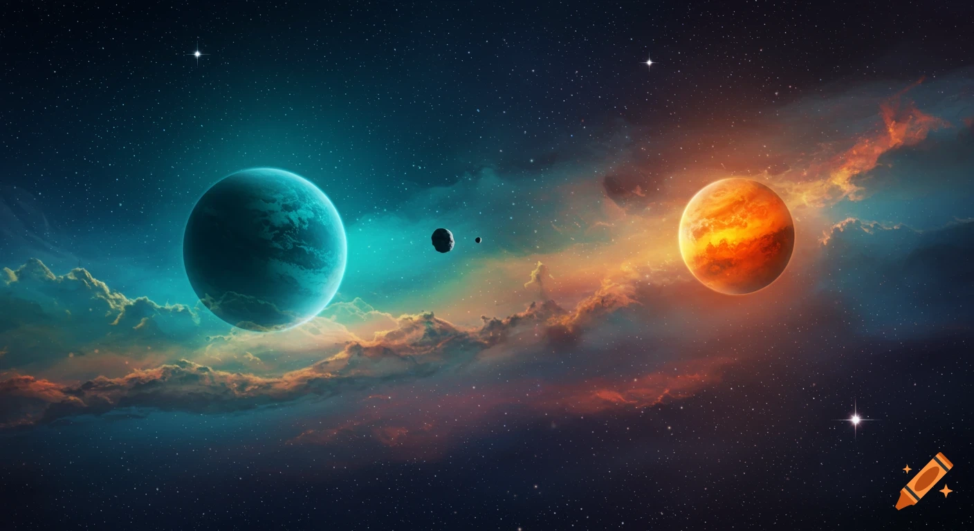 Two planets and objects in space with blue and orange nebulas and stars ...