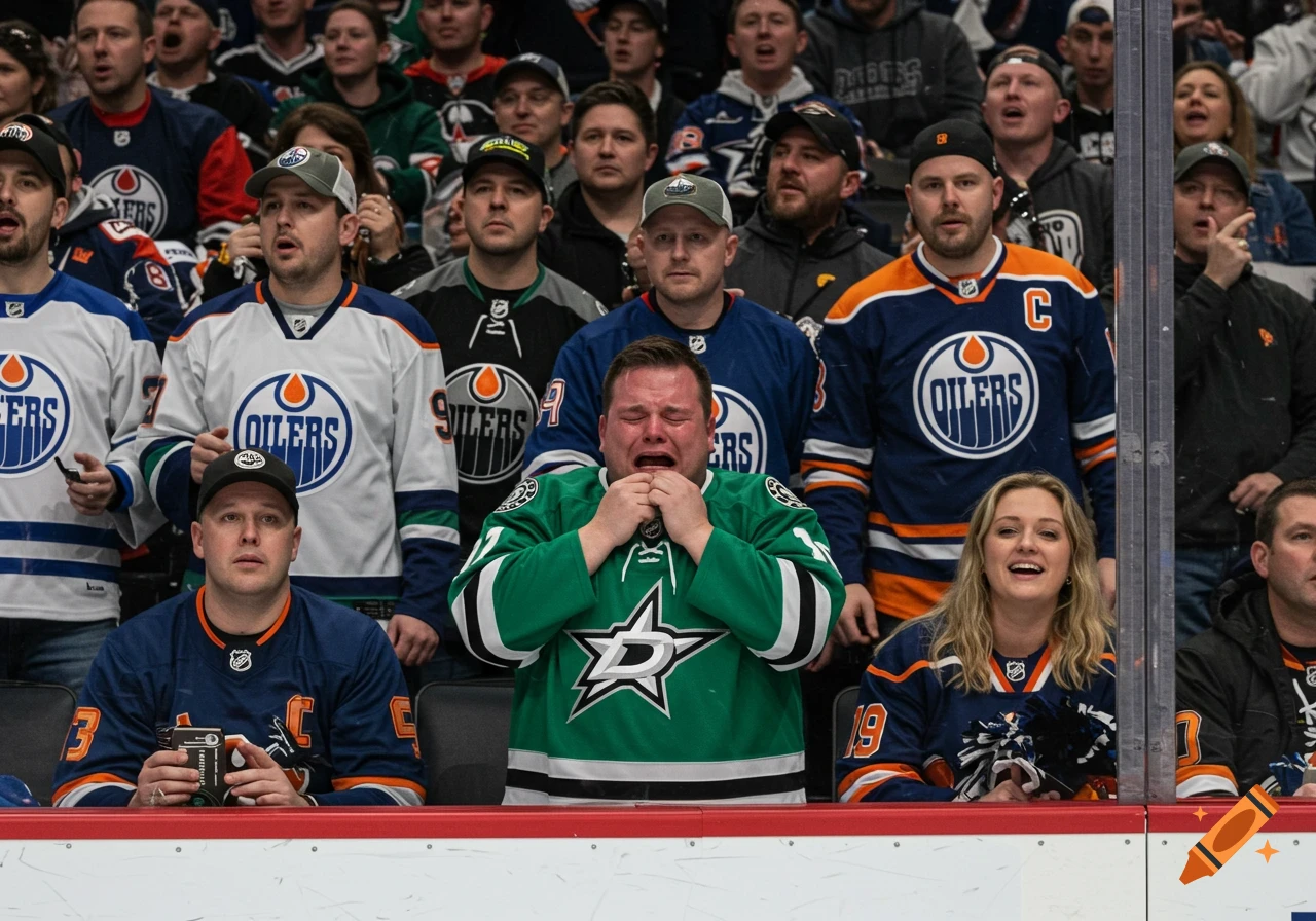 A man in a Dallas Stars hockey jersey cries while surrounded by a crowd ...