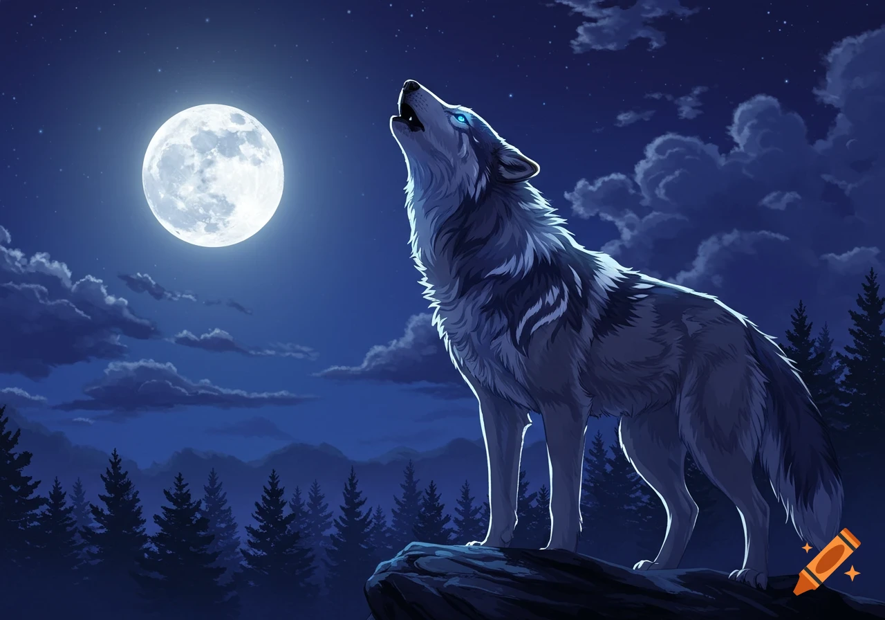 Anime style illustration of a wolf howling at a large full moon in a ...