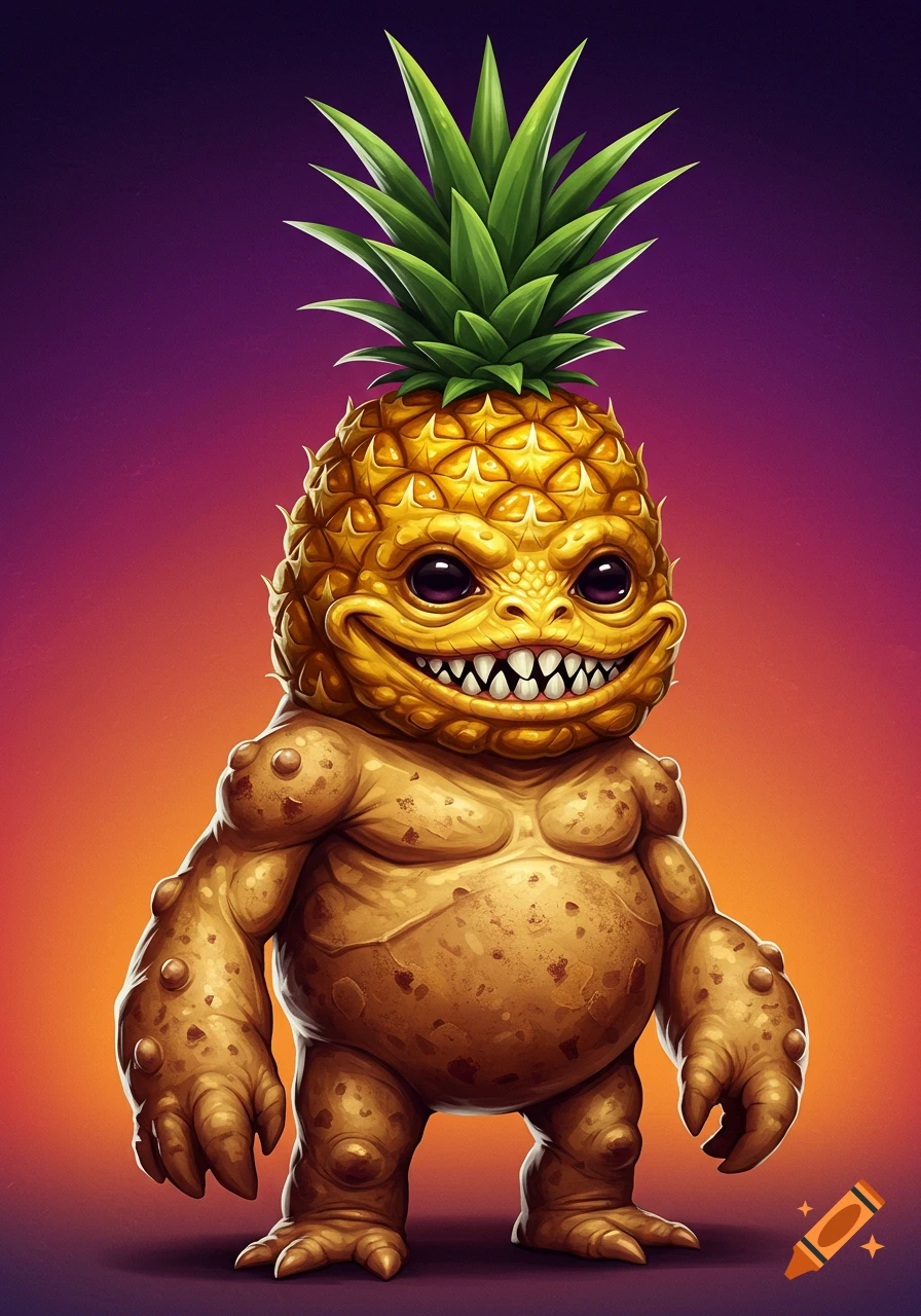 Illustration of a mutant creature with a pineapple head and potato body ...