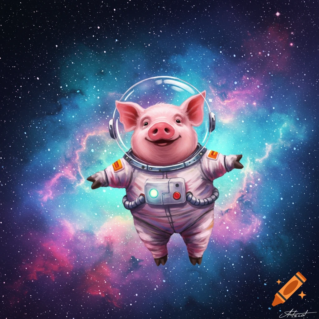 An illustrated pig in a space suit floats in front of a colorful galaxy ...