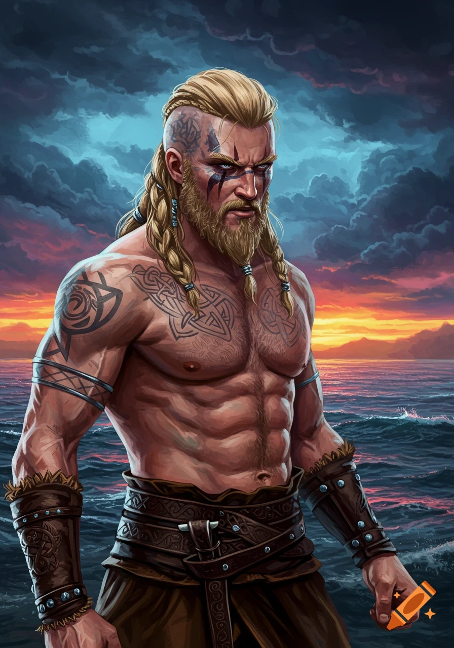 Muscular Viking man with blonde braids and tattoos standing before a ...