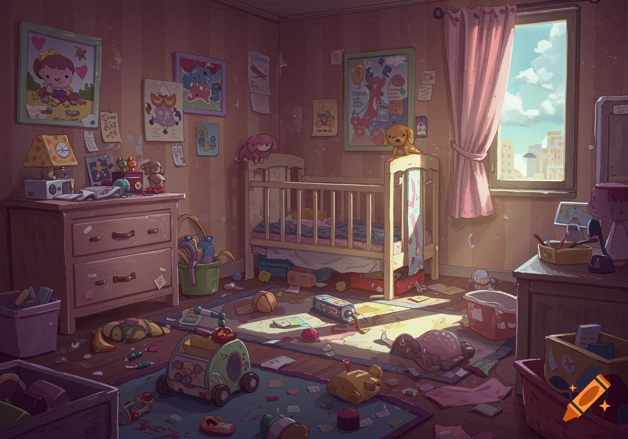 A messy nursery room filled with toys and sunlight. on Craiyon