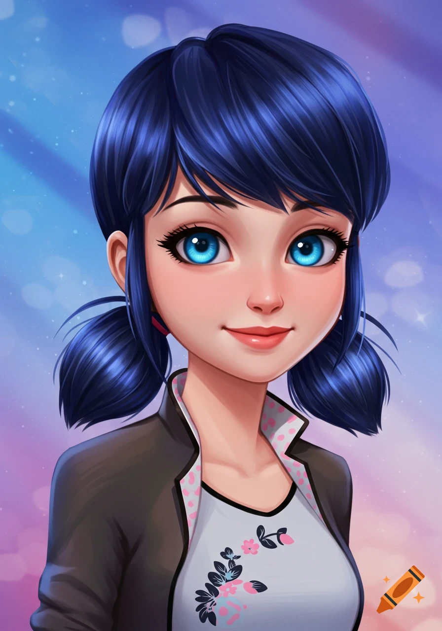 Digital portrait of Marinette from Miraculous Ladybug with blue hair in ...