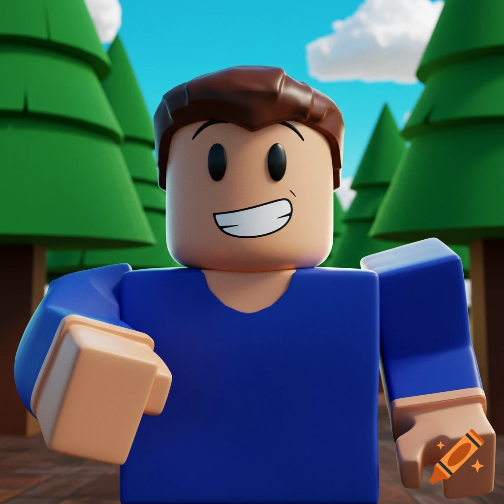 Smiling cartoony Roblox character in a forest. on Craiyon
