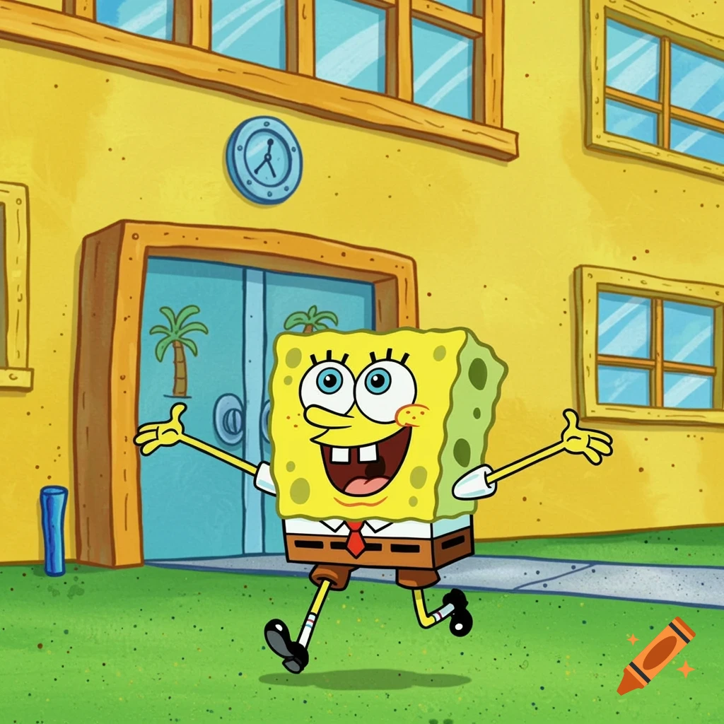 Spongebob Squarepants excitedly runs towards a yellow school building ...