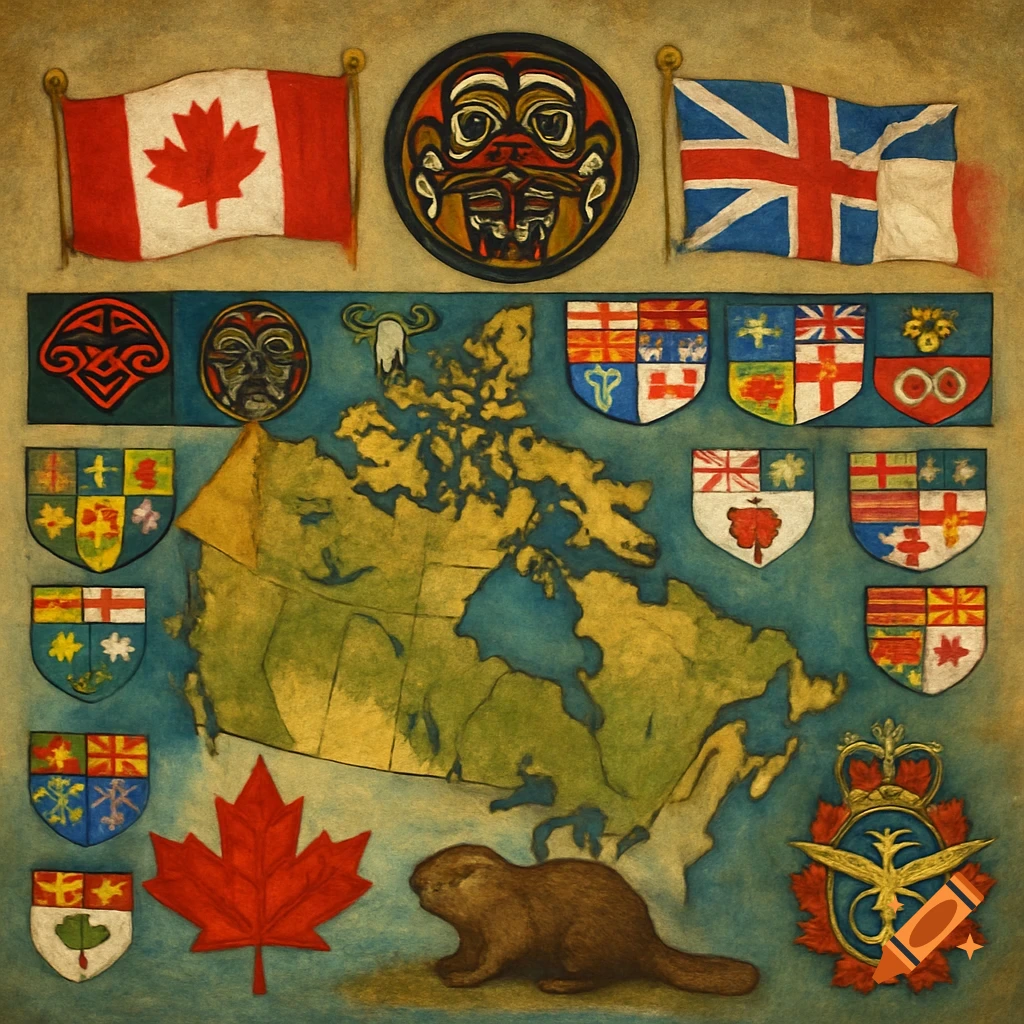 Artistic representation of Canada featuring the map, Canadian and British flags, maple leaf ...
