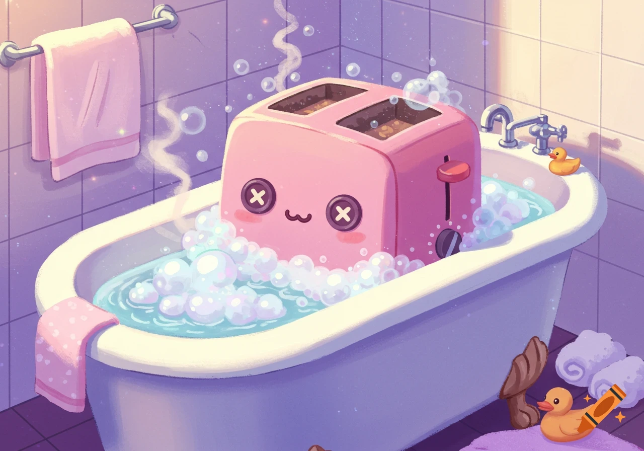 Cute cartoon pink toaster character taking a bubbly bath with rubber ...