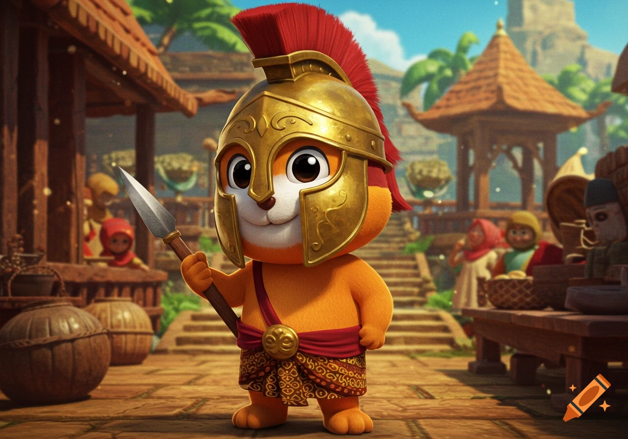 Animated cat character wearing a golden Roman helmet, holding a spear ...