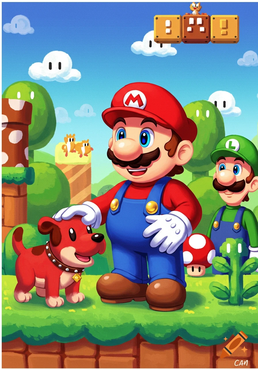 Illustration of Mario petting a red dog, with Luigi standing nearby, in ...
