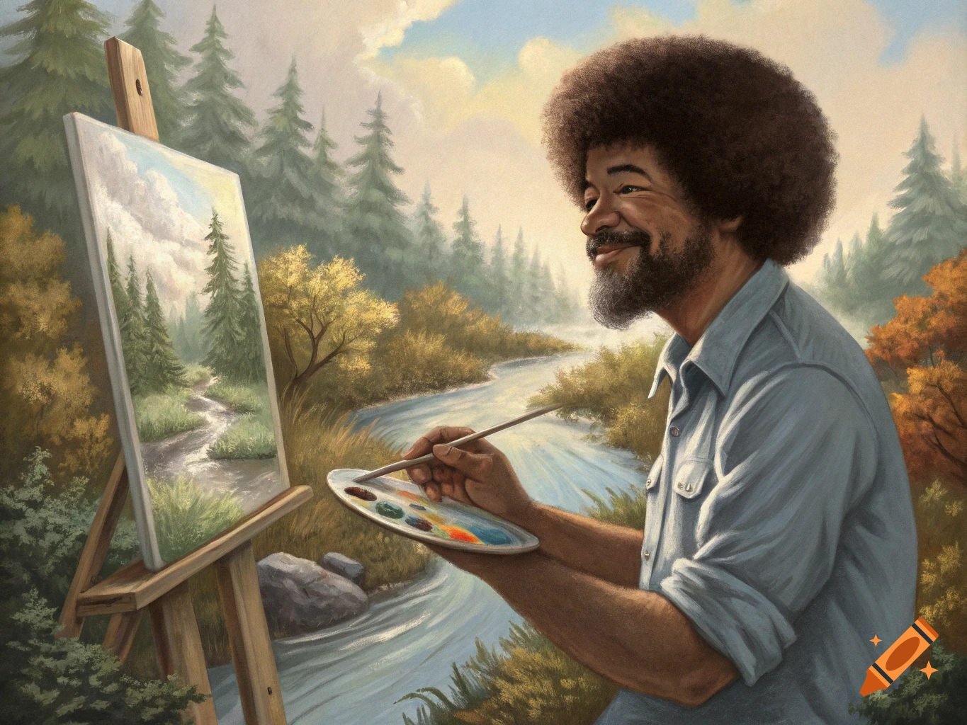 An illustration of Bob Ross painting a landscape with a river and trees ...