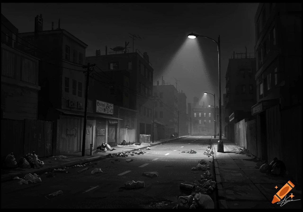 Dark, abandoned street in a dystopian city at night, lit by a single ...