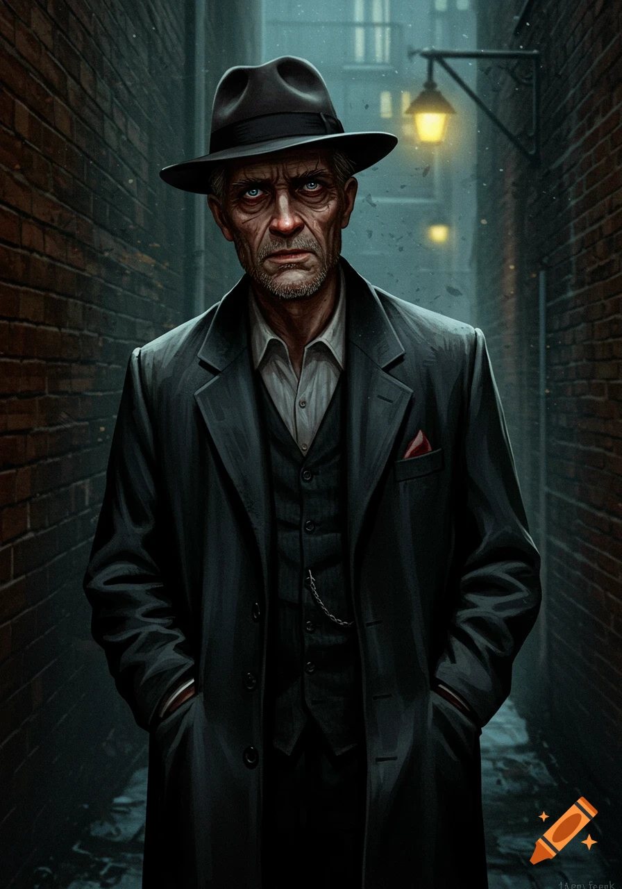 A gritty portrait of a man in a fedora and trench coat standing in a ...