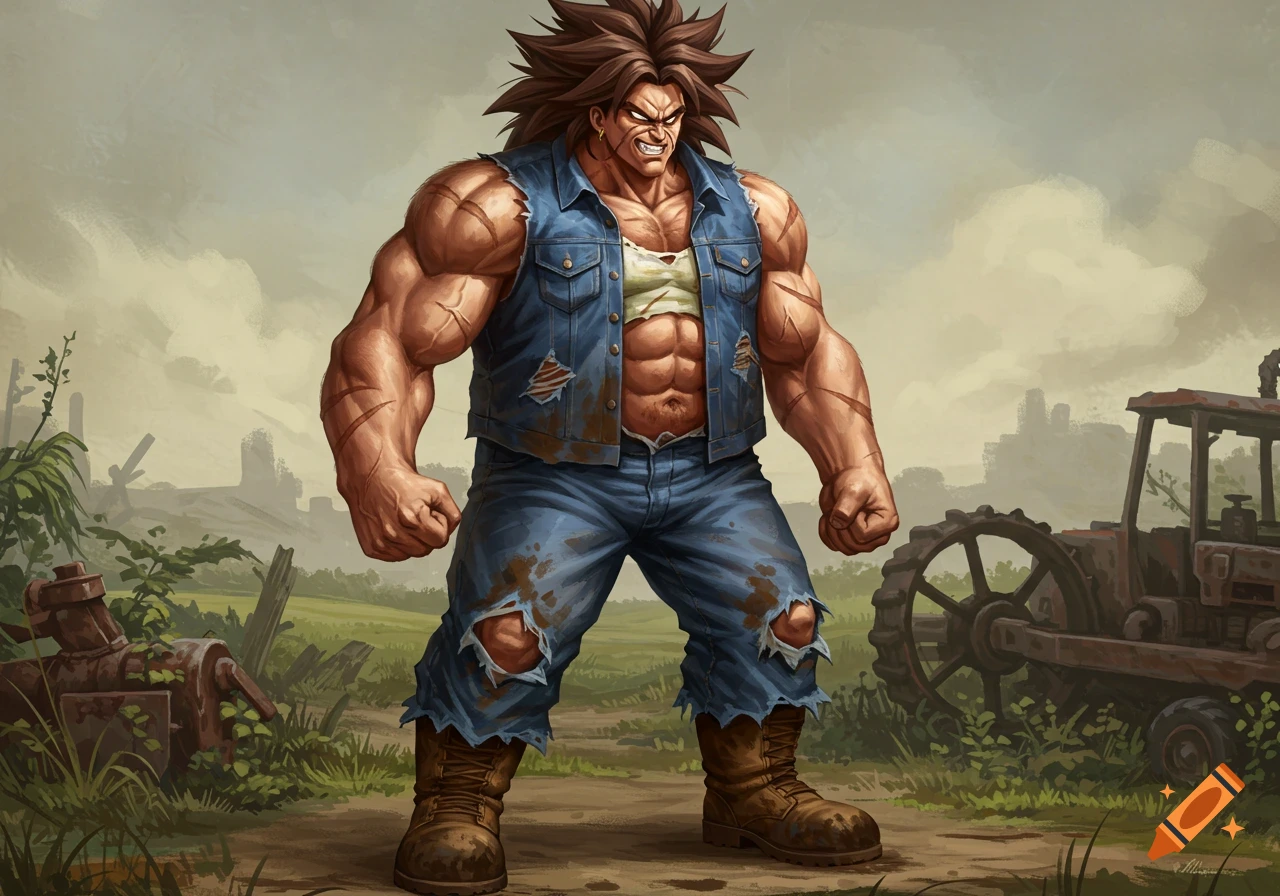Muscular anime character in ripped denim vest and jeans stands in a ...