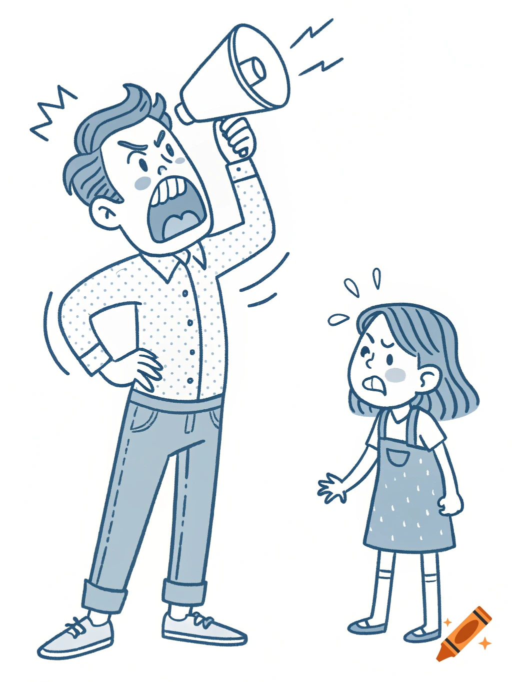 A simple cartoon illustration shows an angry father yelling into a ...