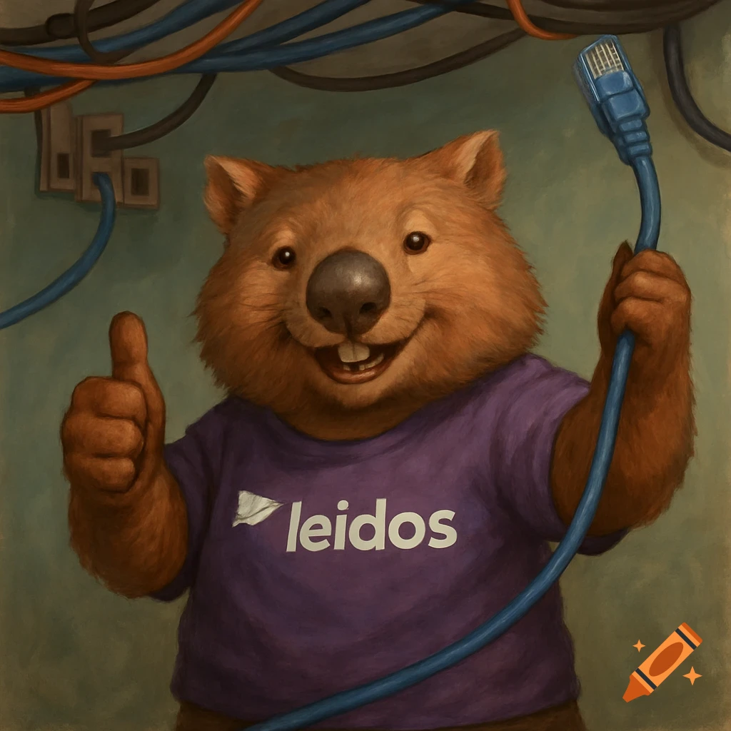 Cartoon wombat gives thumbs up, holding a network cable, wearing a ...