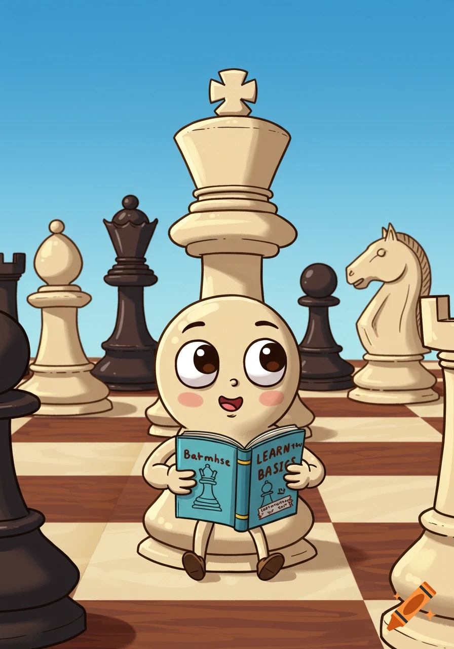 Cartoon chess pawn reading a book on a chessboard surrounded by chess ...