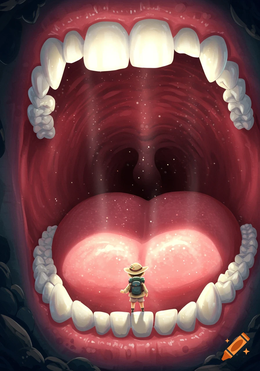 A tiny explorer stands on a tooth inside a giant open mouth. on Craiyon