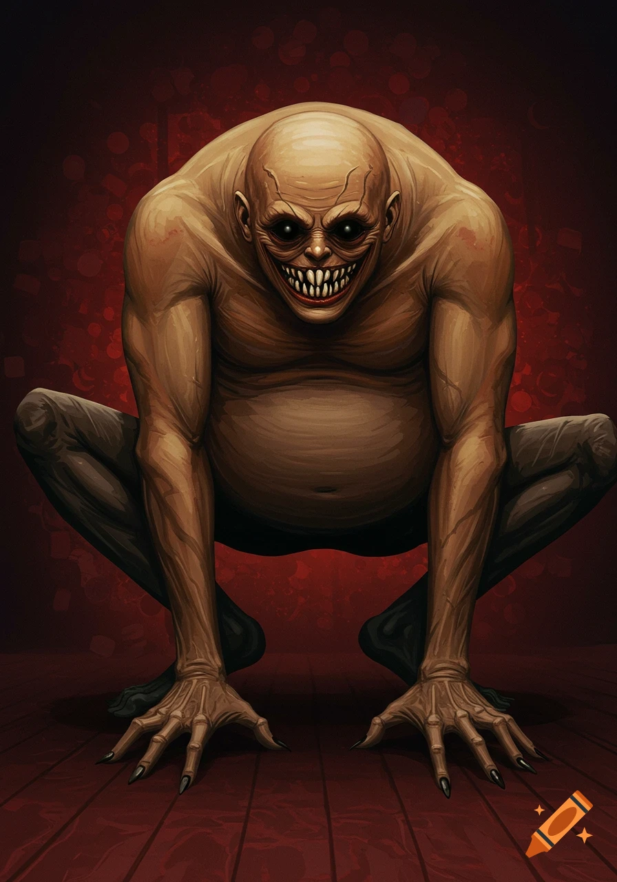 A creepy bald monster with sharp teeth and dark eyes crouches low on a red floor. on Craiyon