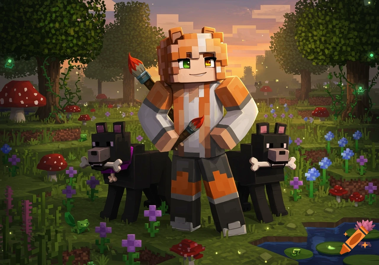 A blocky Minecraft character with a paintbrush stands with two wolves ...