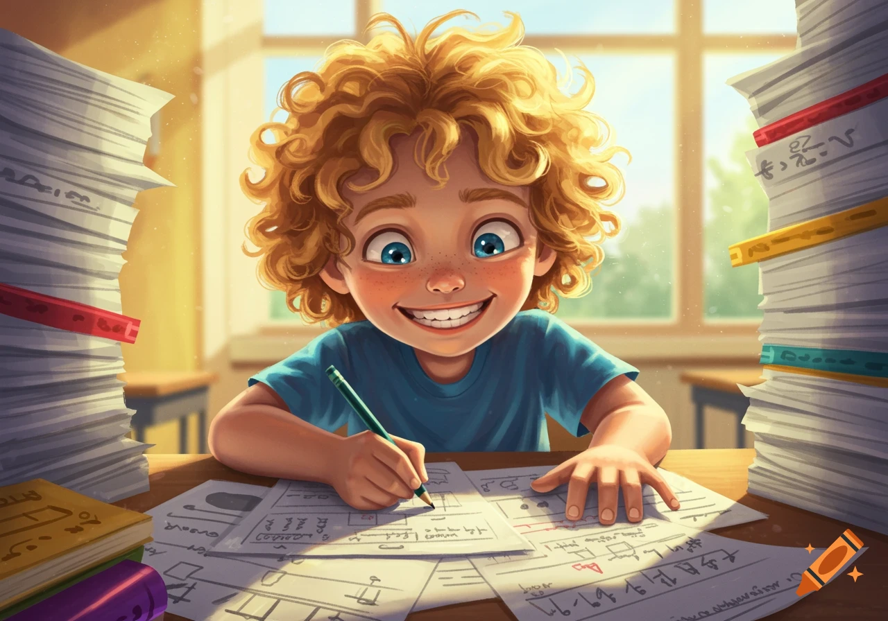 A cartoon boy with curly hair smiles happily while writing on papers at ...