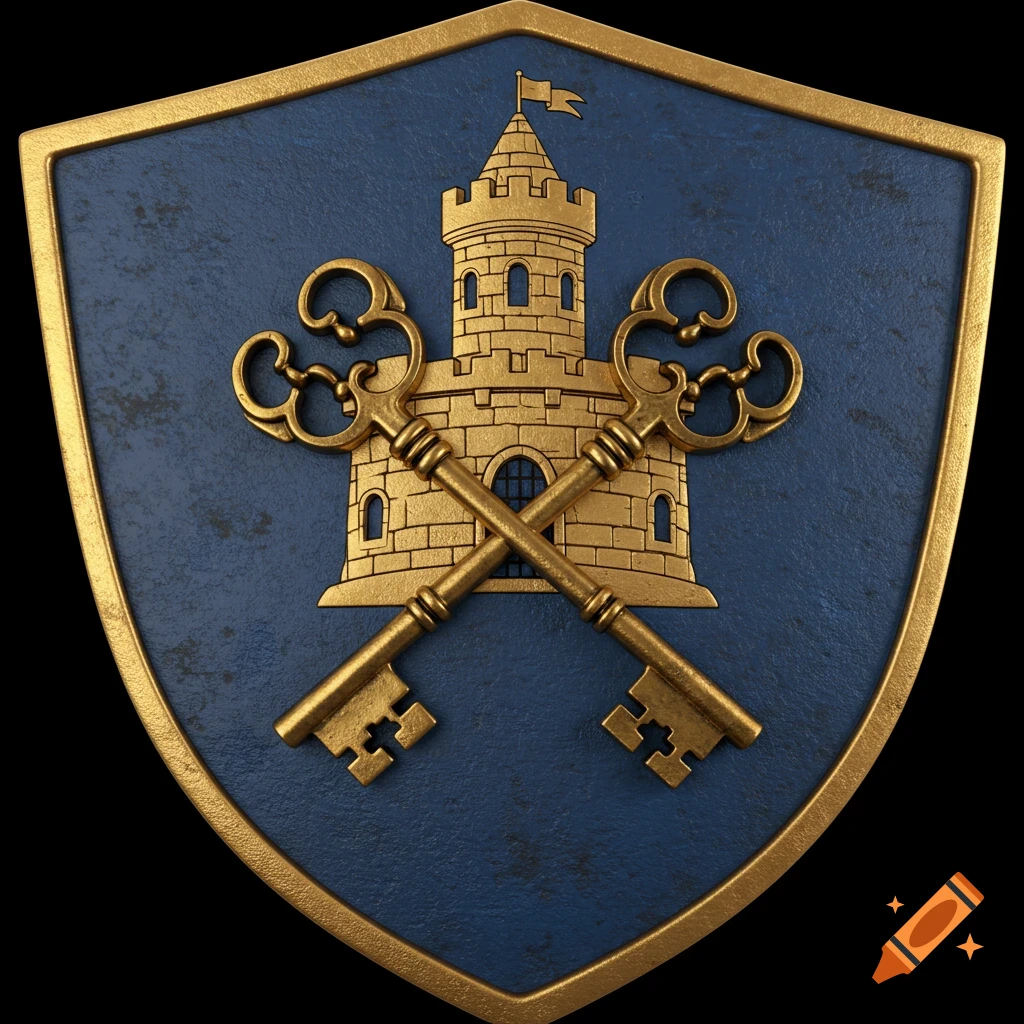 A blue shield with a gold border features a golden castle symbol and ...