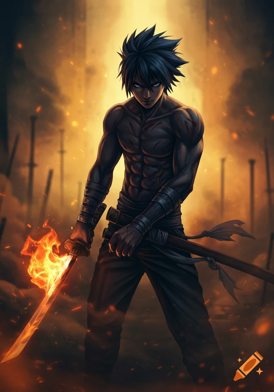 Anime male character with flaming katana stands in a smoky battlefield ...