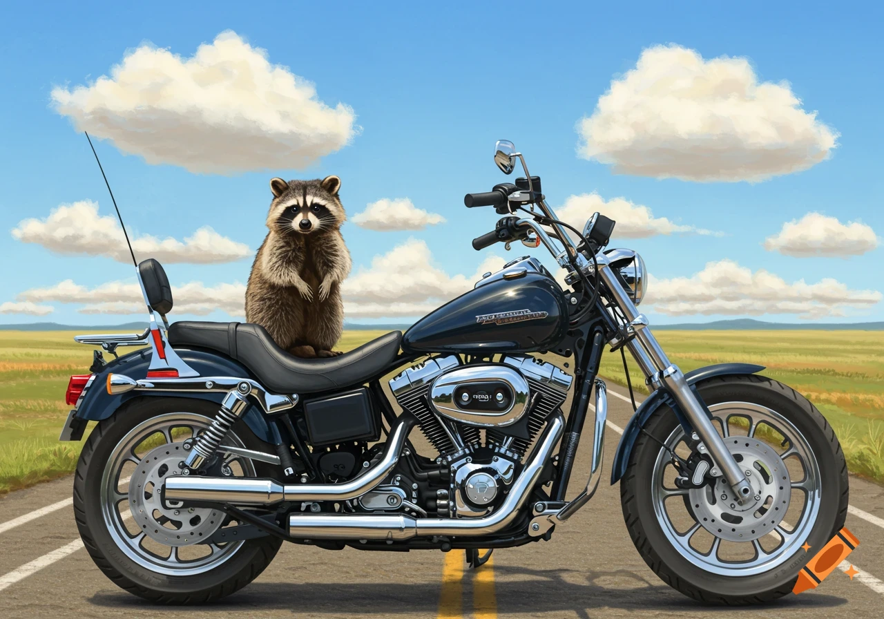 A raccoon sits on a black motorcycle parked on a road with fields and ...
