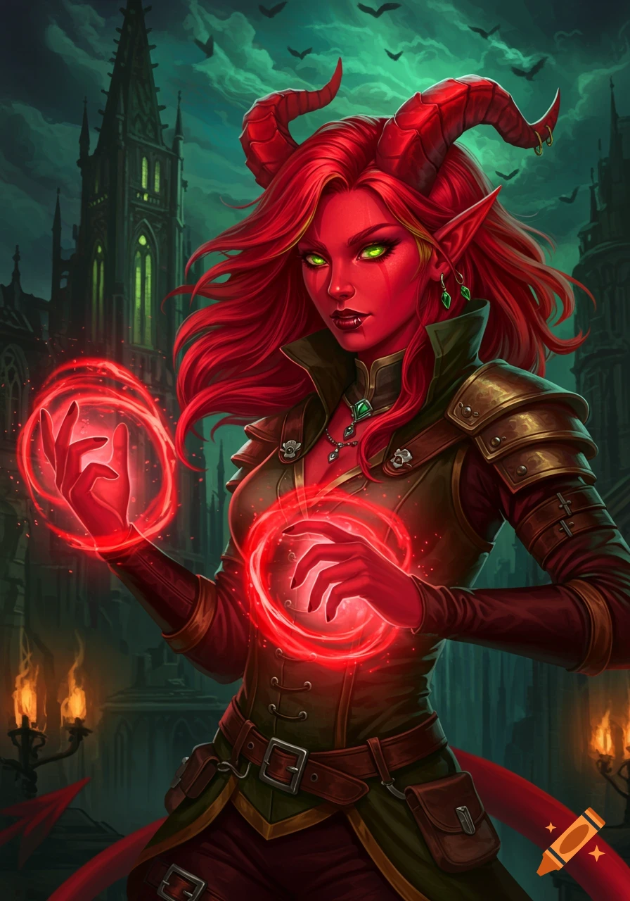 A female tiefling with red skin and hair casts glowing red magic orbs ...