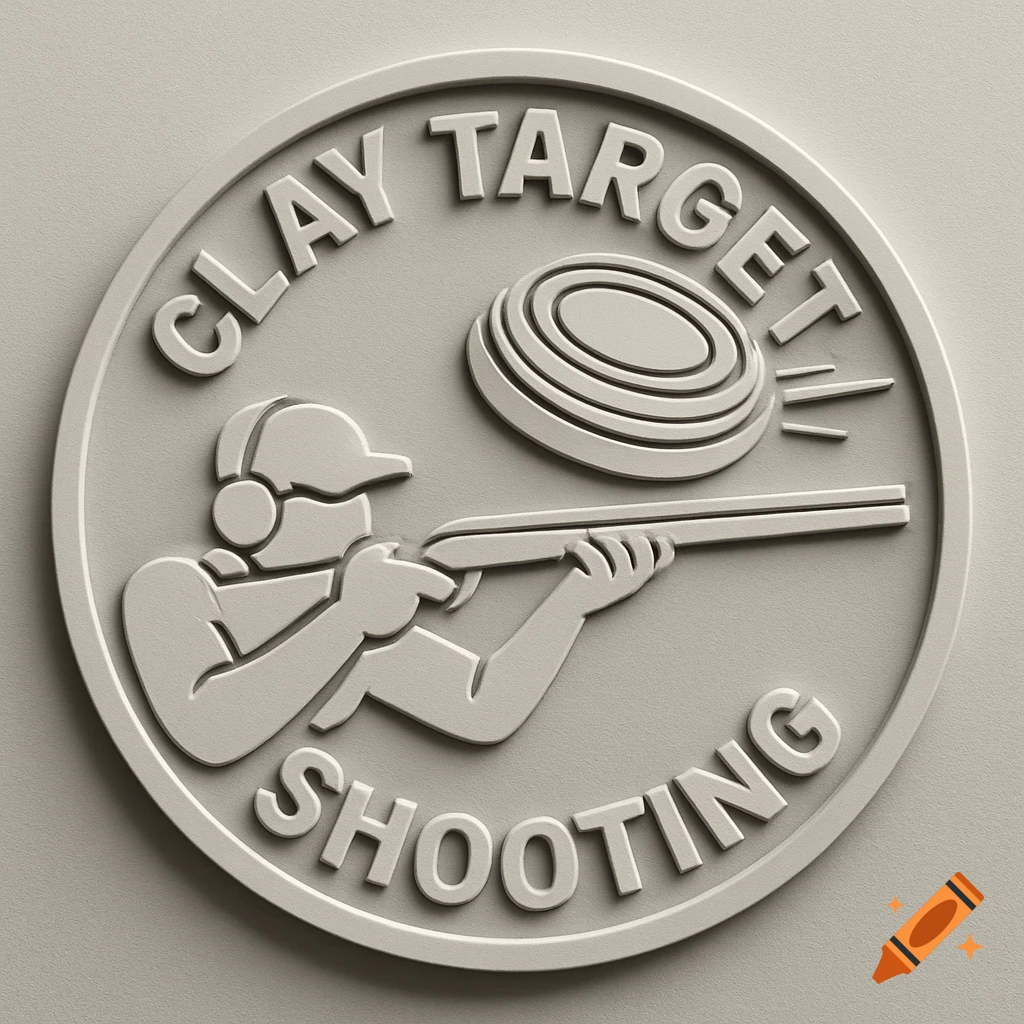 Embossed emblem for clay target shooting with a shooter figure and ...